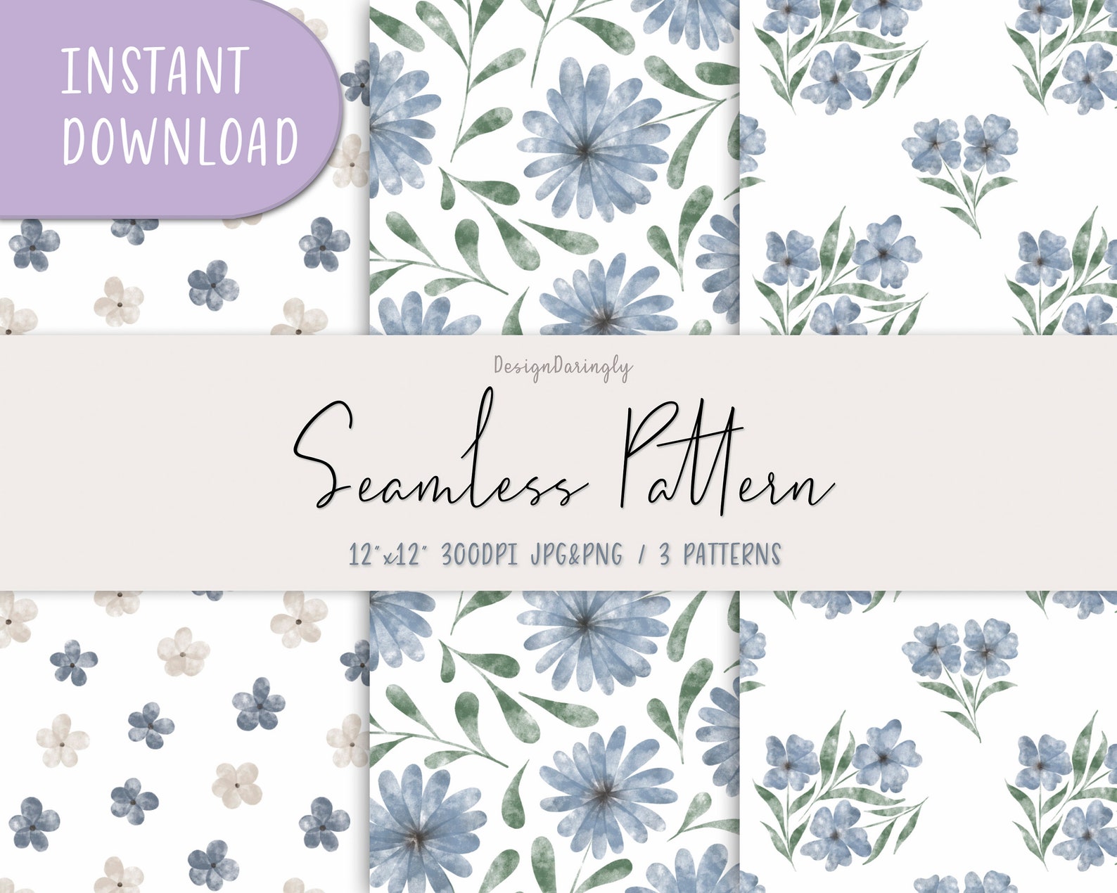 Blue Floral Digital Paper, Blue Flower Seamless Pattern for Fabric ...
