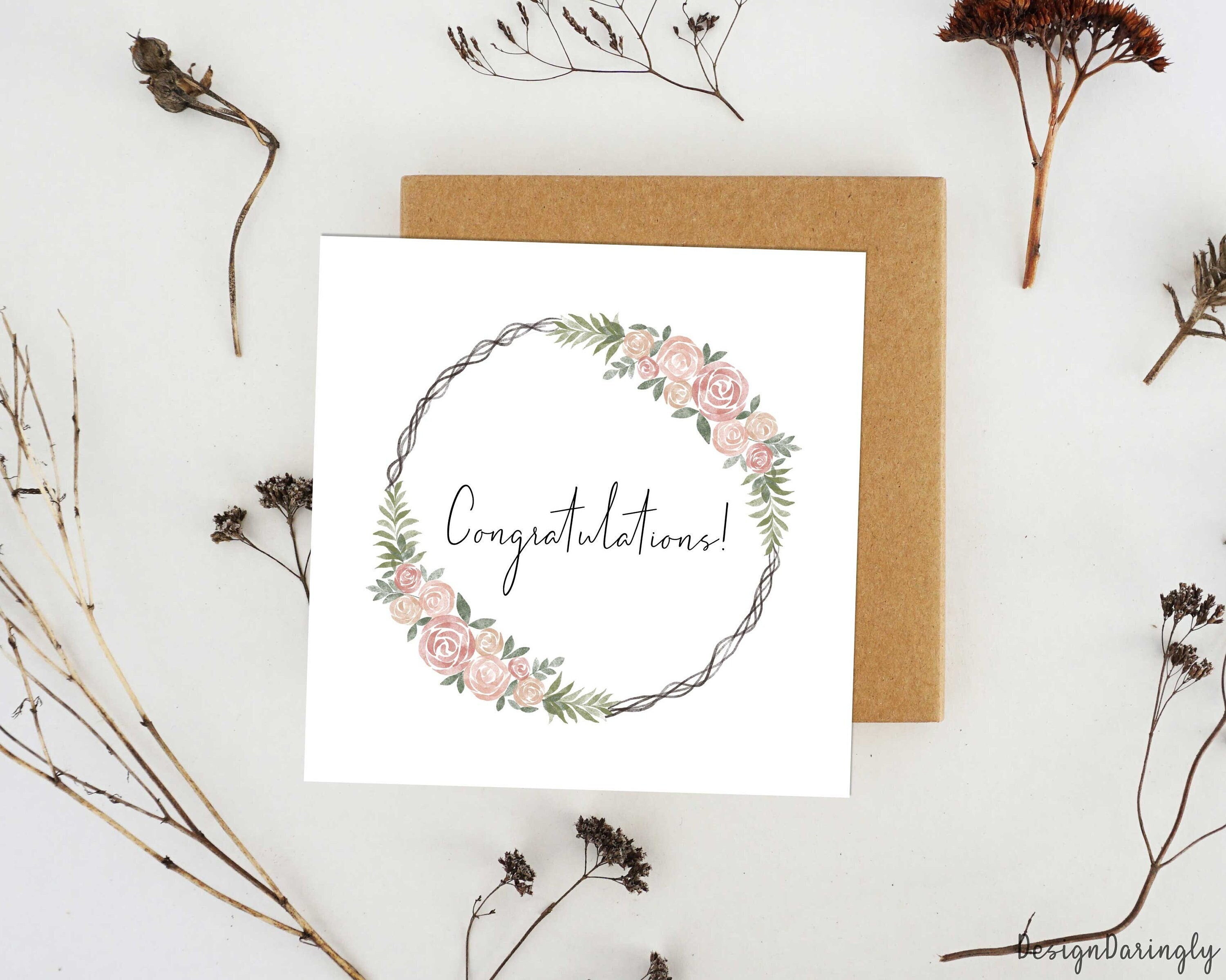 Congratulations Card, Rose Wreath Card, Congrats Card, Card for Her ...