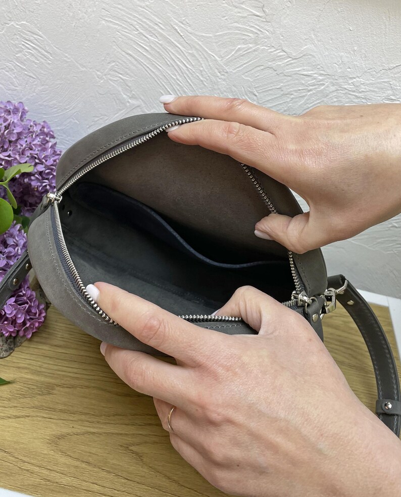 Handmade Gray Leather Crossbody Bag: Round Women's Handbag - Etsy