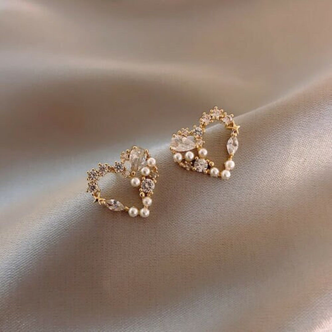 Heart Gold Earrings Cristal Heart Jewelry Earrings Studs, Tiny ...