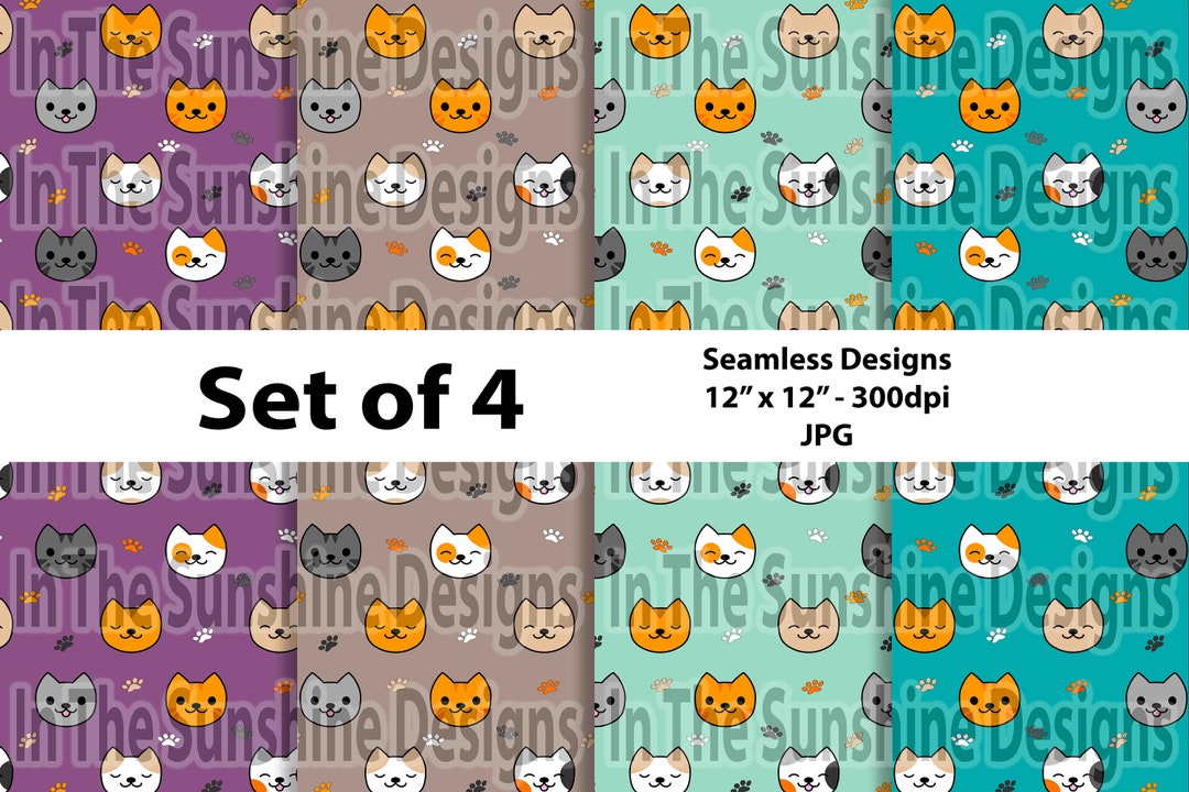 Cat & Paw Print Seamless Pattern Set: Retro Kitty File (digital ...