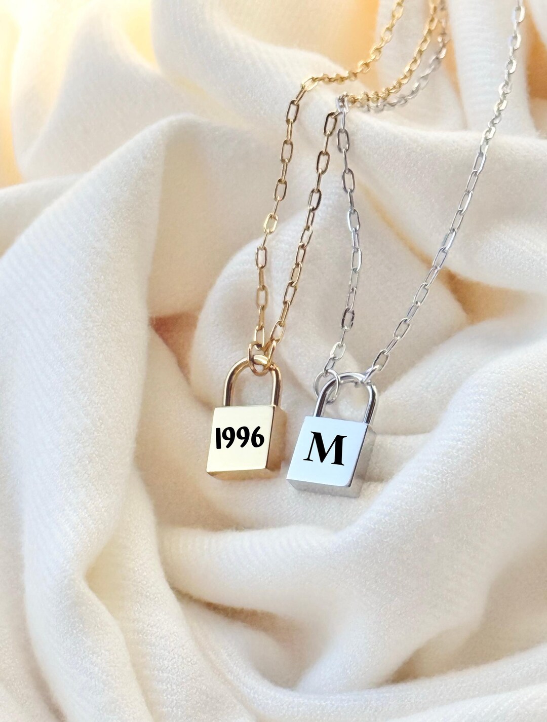 Lock Necklace With Initials, Birth Year Necklace, Lock Necklace Gold ...