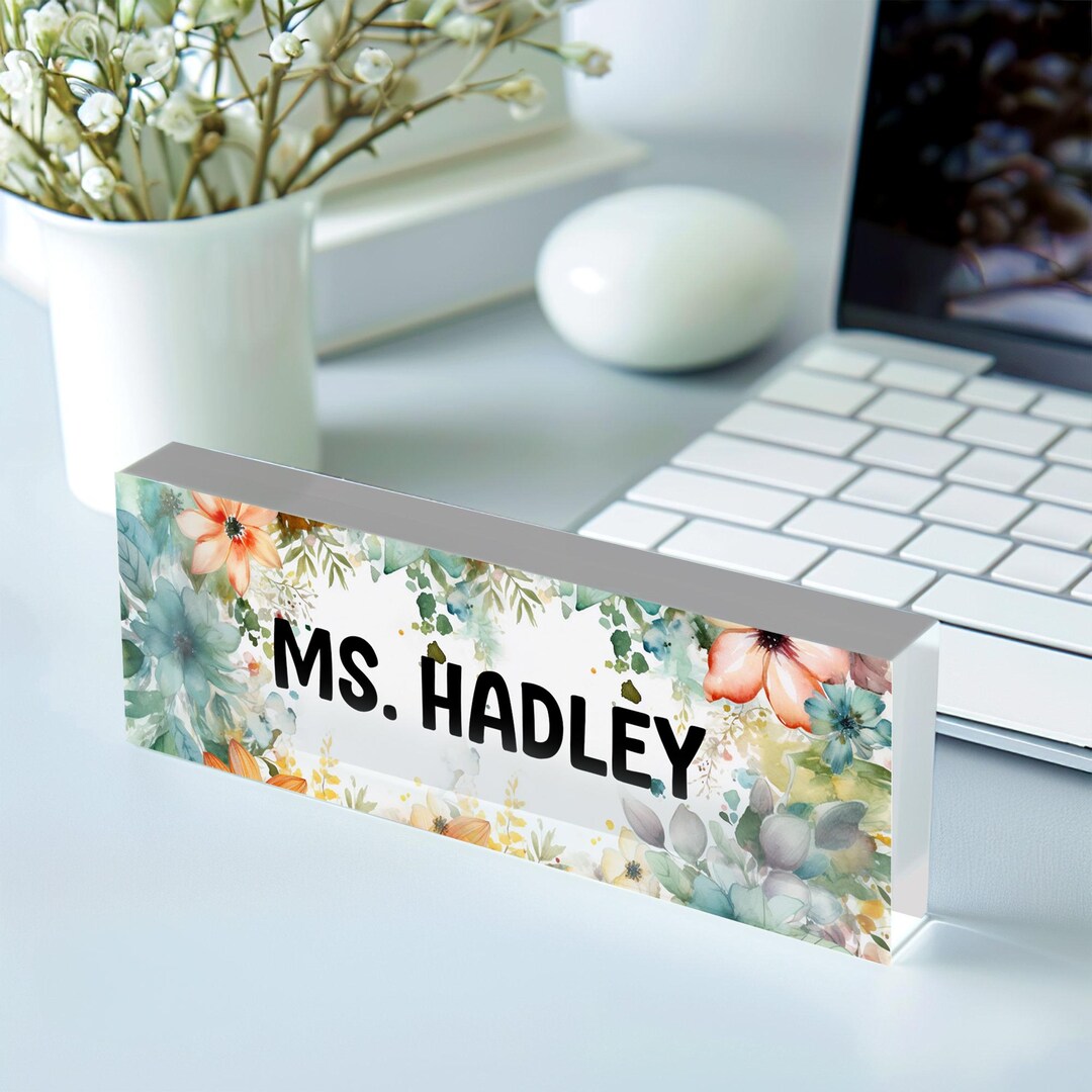 Floral Teacher Acrylic Name Plate,teacher Gift,office Name Plate With ...
