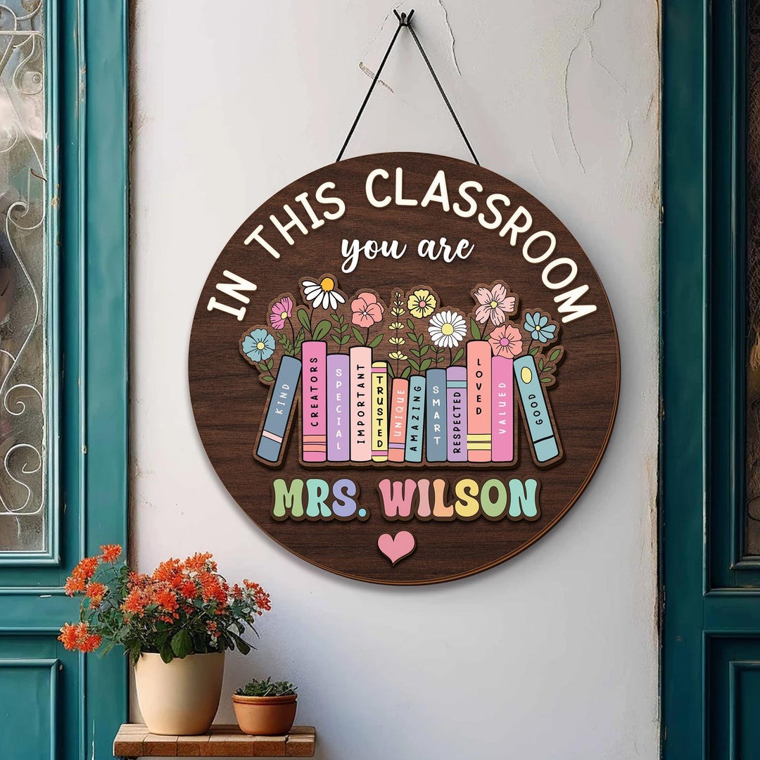 Personalized Teacher Name Door Sign, Welcome Sign Wooden Hanging Plaque ...