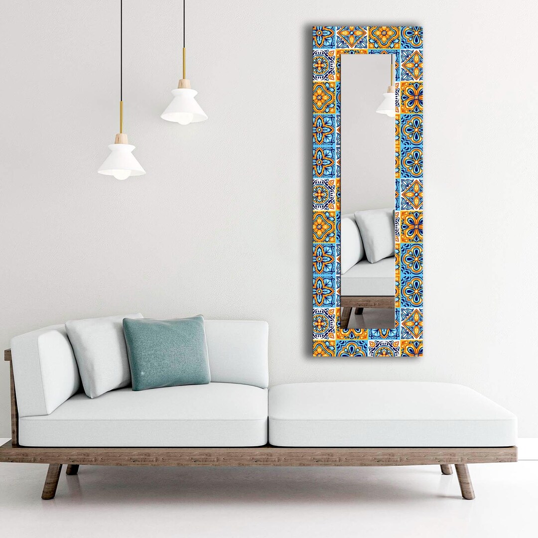 ÖZGÜL GRUP Blue Yellow Tile Pattern Decorative Wall Mirror With Canvas ...