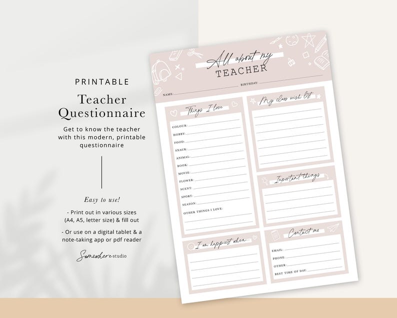 Teacher Questionnaire Printable | All About My Teacher Favorites ...