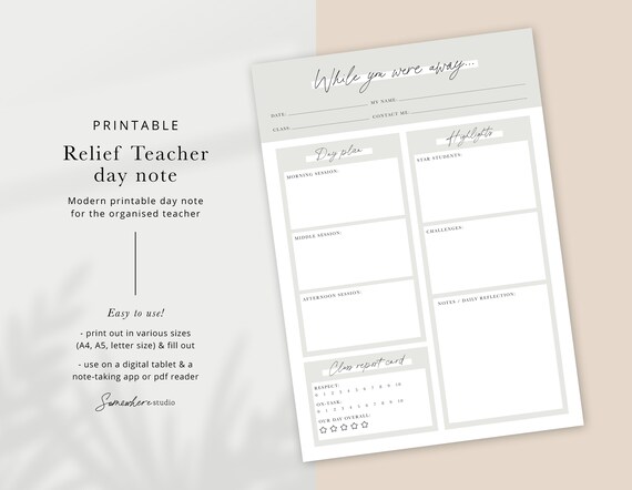 Relief Teacher Day Note Substitute Teacher Feedback | Etsy