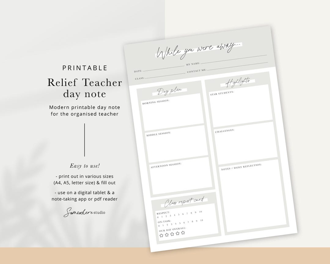 Relief Teacher Day Note, Substitute Teacher Feedback - Etsy