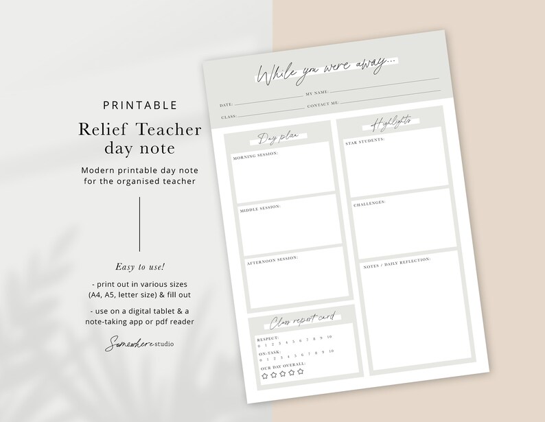 Relief Teacher Day Note, Substitute Teacher Feedback - Etsy