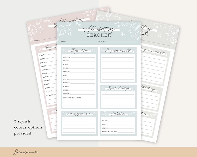 Teacher Questionnaire Printable | All About My Teacher Favorites ...