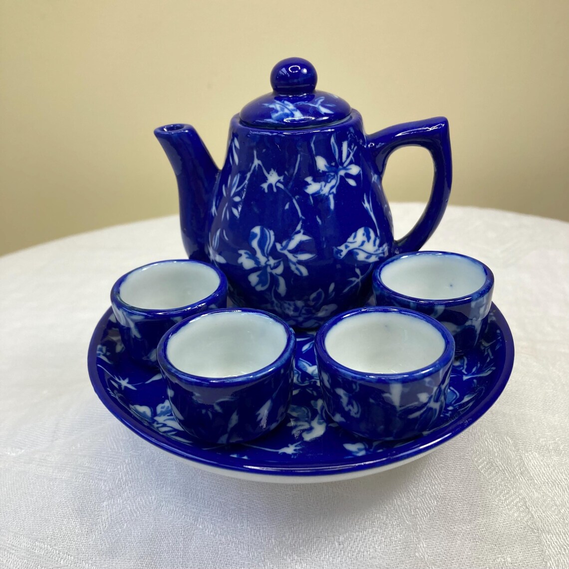 Vintage April Cornell Ceramic Miniature Teapot Four Cups Tray 1999 Blue ...