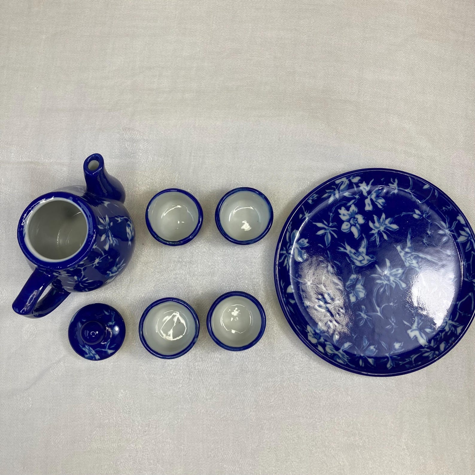 Vintage April Cornell Ceramic Miniature Teapot Four Cups Tray 1999 Blue ...