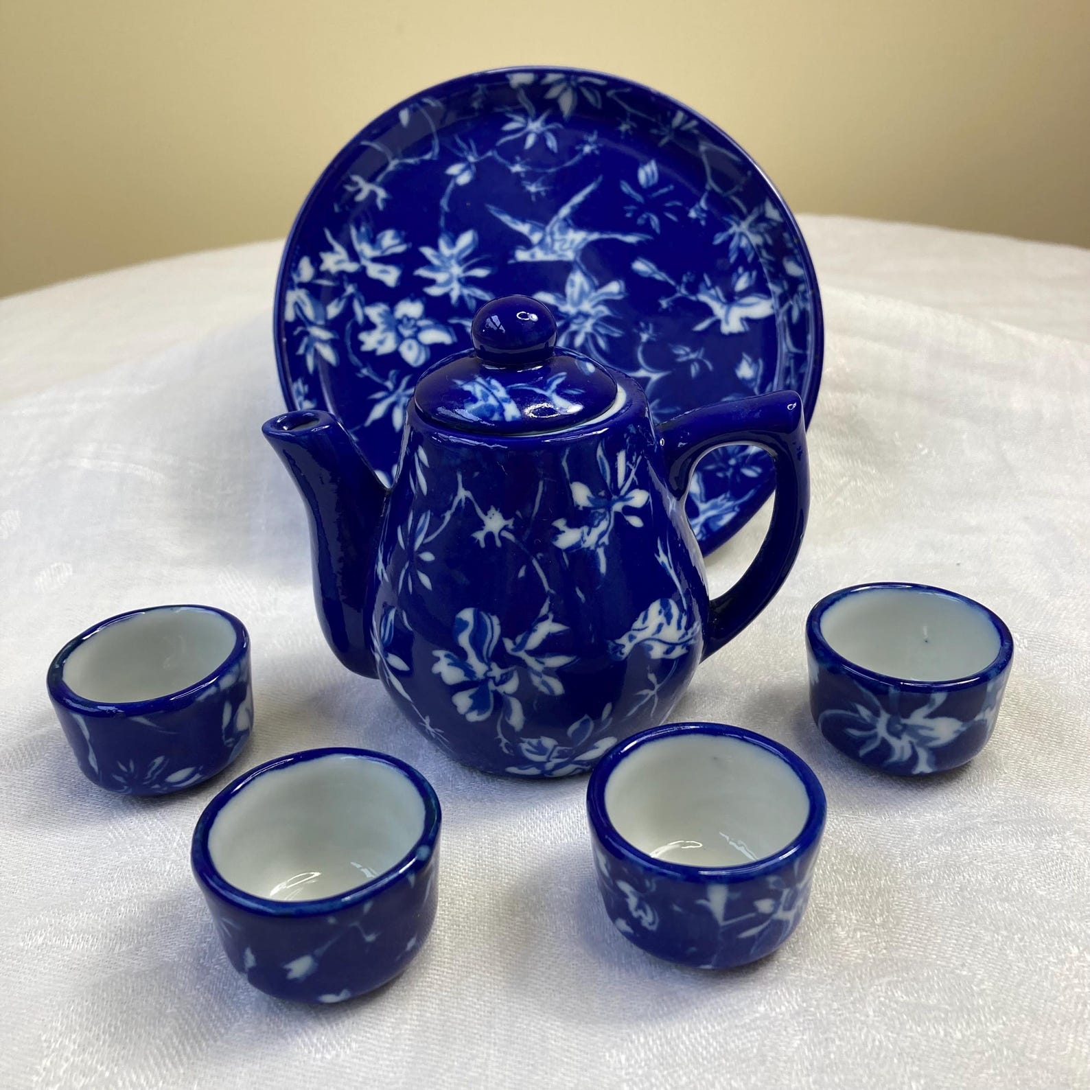 Vintage April Cornell Ceramic Miniature Teapot Four Cups Tray 1999 Blue ...