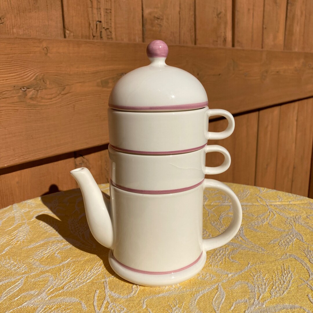 Vintage 1950s Stacking Tea for Two Service Teapot Cups Pink White Retro ...