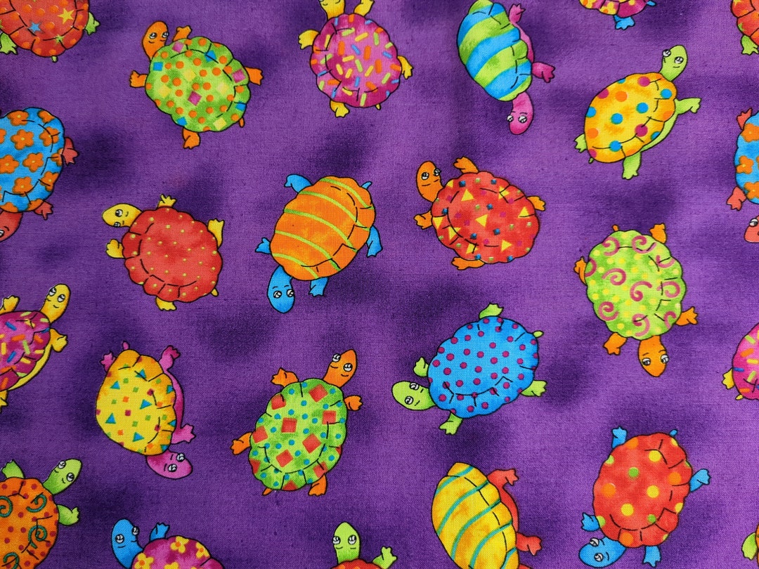 By the Half Yard - Vintage Turtles on Purple - Bright Rainbow Colorful ...