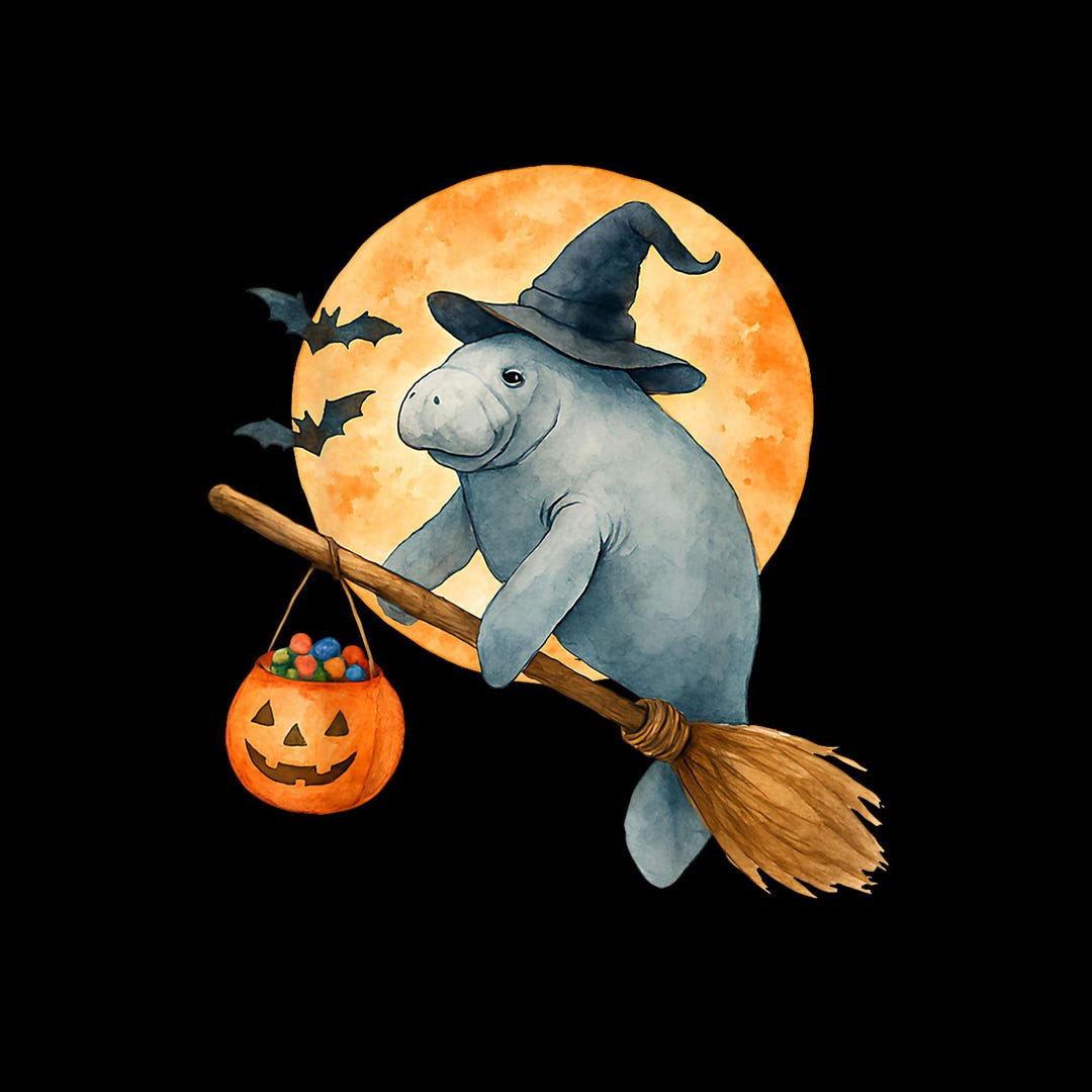 Witch Manatee on a Broom PNG, Halloween Spooky Marine Animal ...