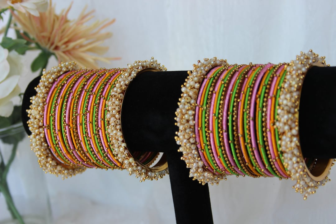 Multi Colour Pearl Bangle Stack – Indian Thread Jewelry - Etsy UK