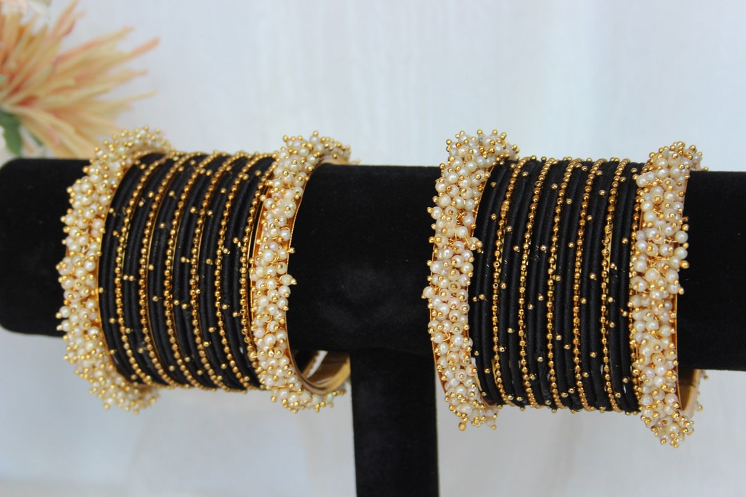 Black & Gold Pearl Bangle Stack - Indian Occasion Jewelry - Etsy
