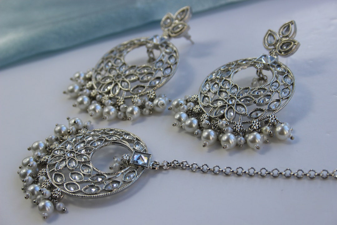 Naina White Pearl - Silver Statement Tikka and Earring Set - Etsy
