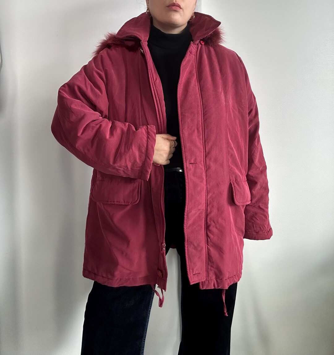 Vintage Anorak Quilted Jacket Hood With Faux Fur Trimmed in Red for ...