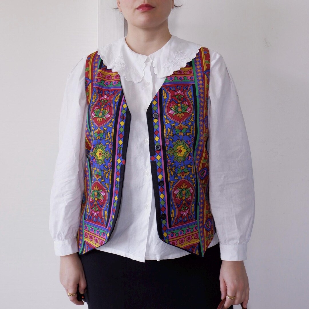 Vintage Folk Vest Women 80s Bohemian Printed Waistcoat, Button Front ...