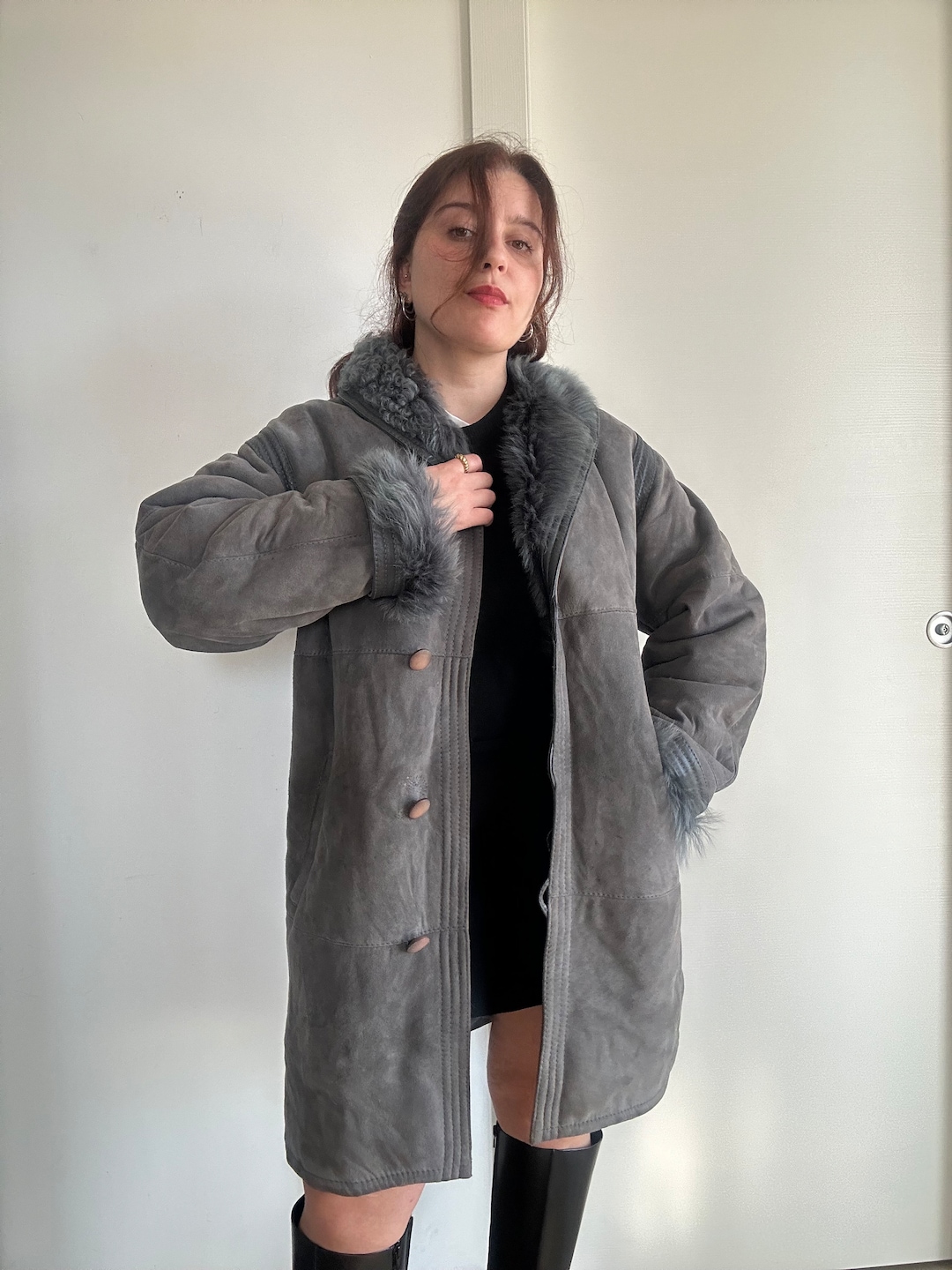 Grey Genuine Sheepskin Coat Vintage, Sheep Fur, Single Breasted Shearling Jacket, Mid Length ...