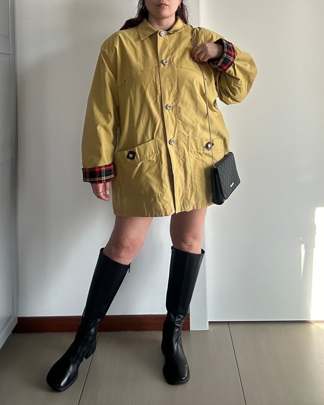 Retro Women's Jacket in Mustard Yellow Blue With A-line Design and Midi ...