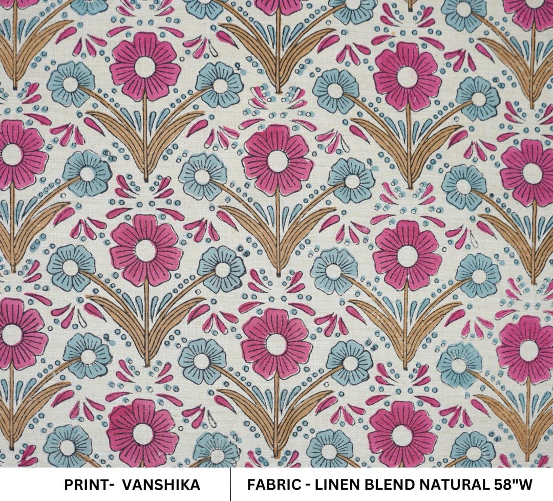 Hand Block Print Linen Blend Natural Floral Decorative Handmade Linen ...