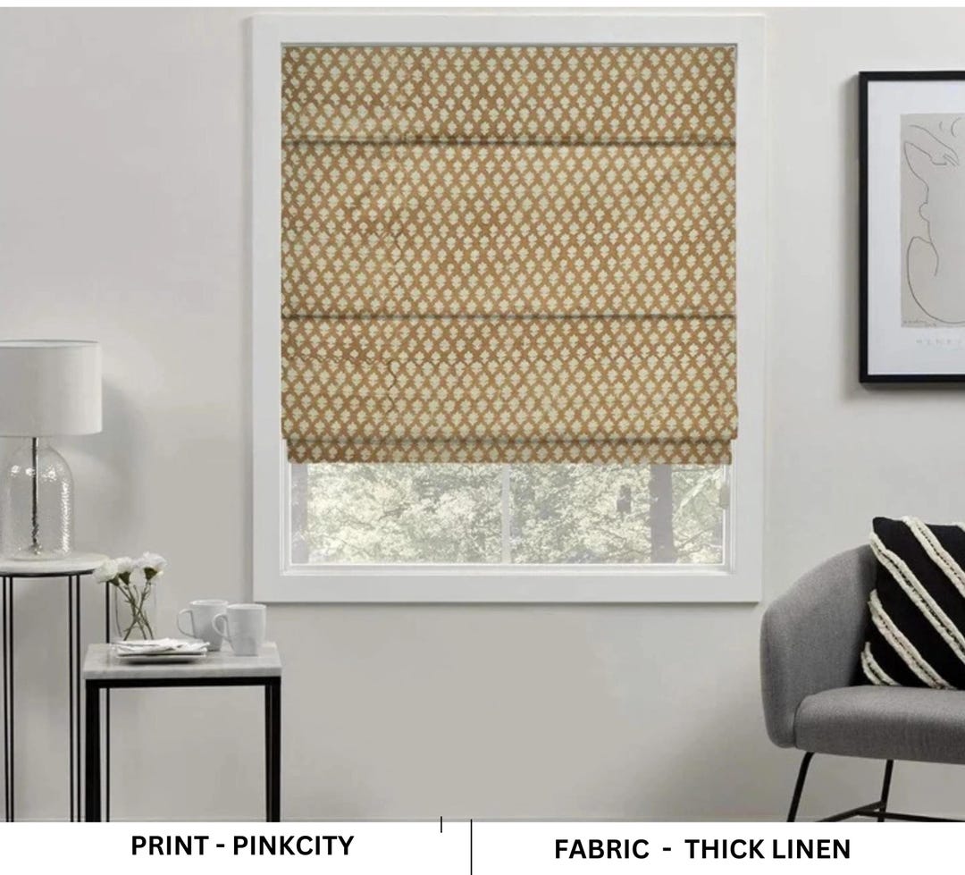 Blackout Linen Roman Shade, Rust-brown Floral Block Print Blinds for ...