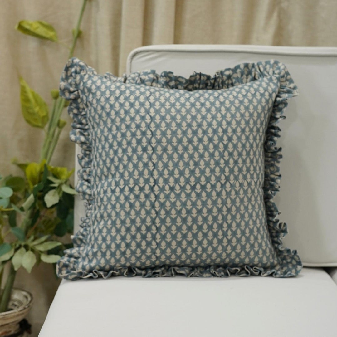 Linen Block Print Cushion, Handmade Floral Print Pillow Cover, Frill ...