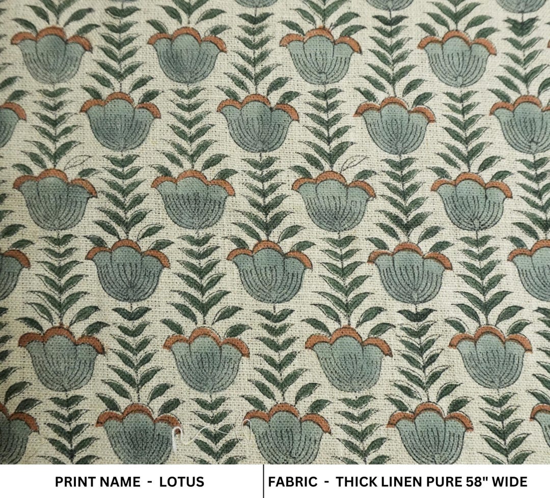 Block Print Thick Linen Fabric, Heavy Linen, Drapery and Curtain Fabric ...