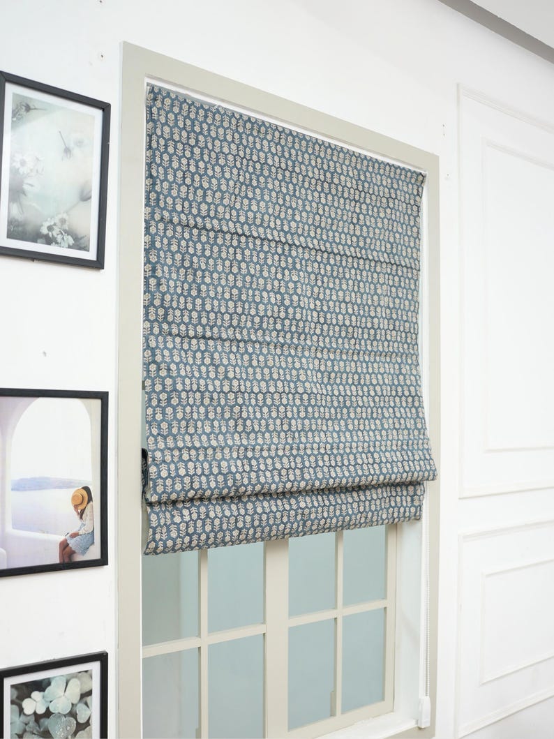 Roman Blind, Floral Hand Block Print Window Treatment, Pure Linen Roman ...