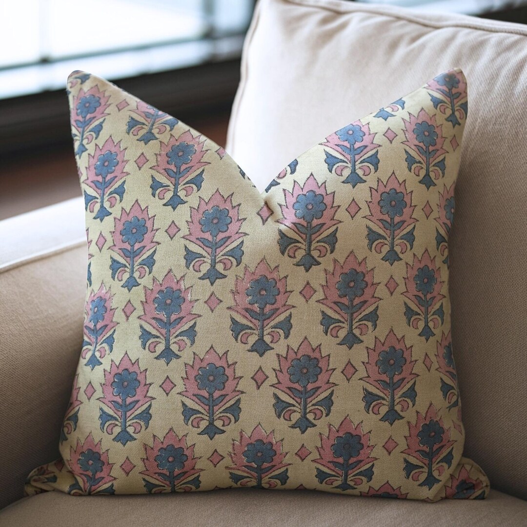 Hand Block Print Pillow Cover, Decorative Pillowcase, Pure Linen Pink ...