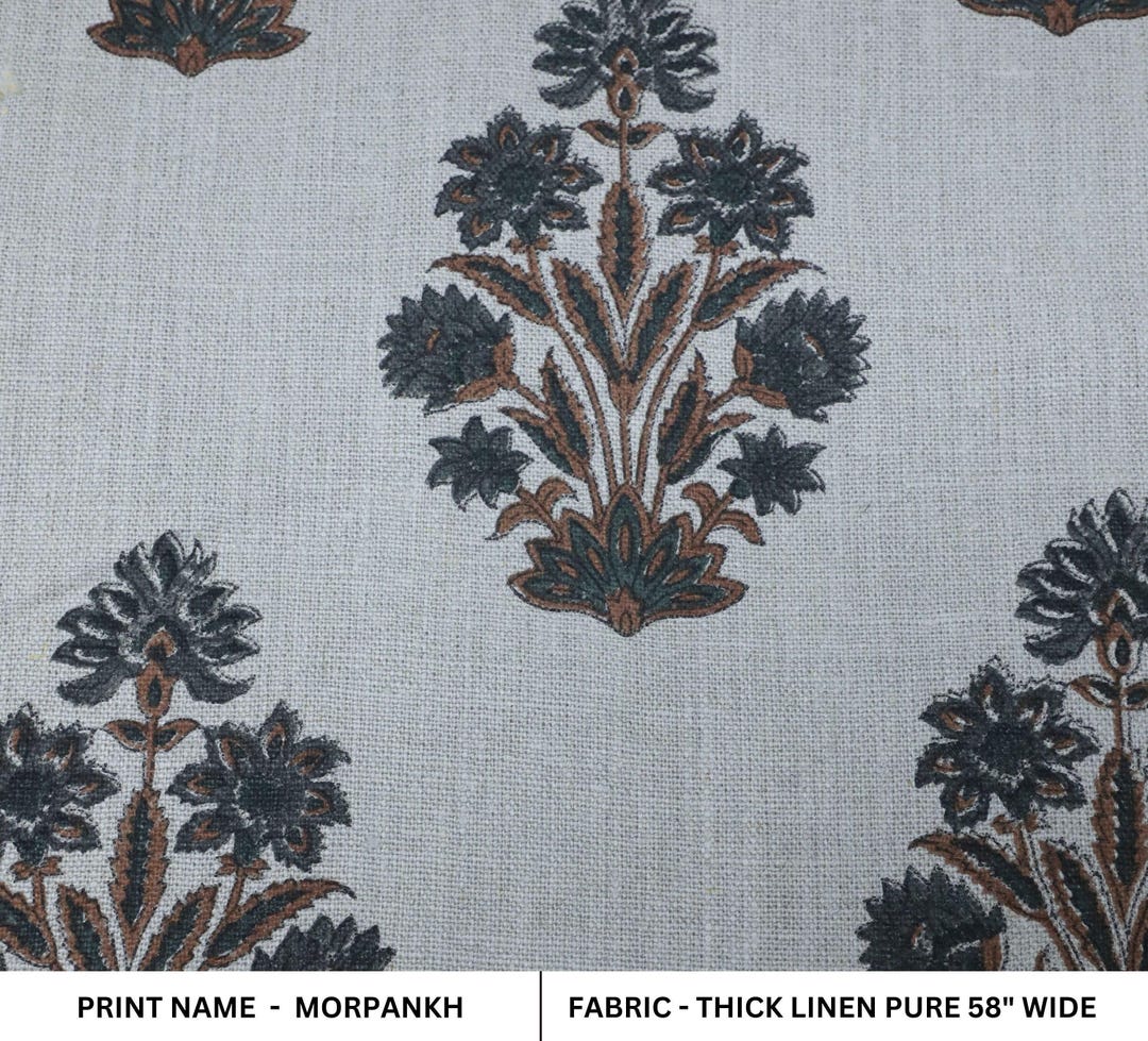 Thick Linen Block Printed Fabric for Curtains, Pillows, Cushion, Floral ...
