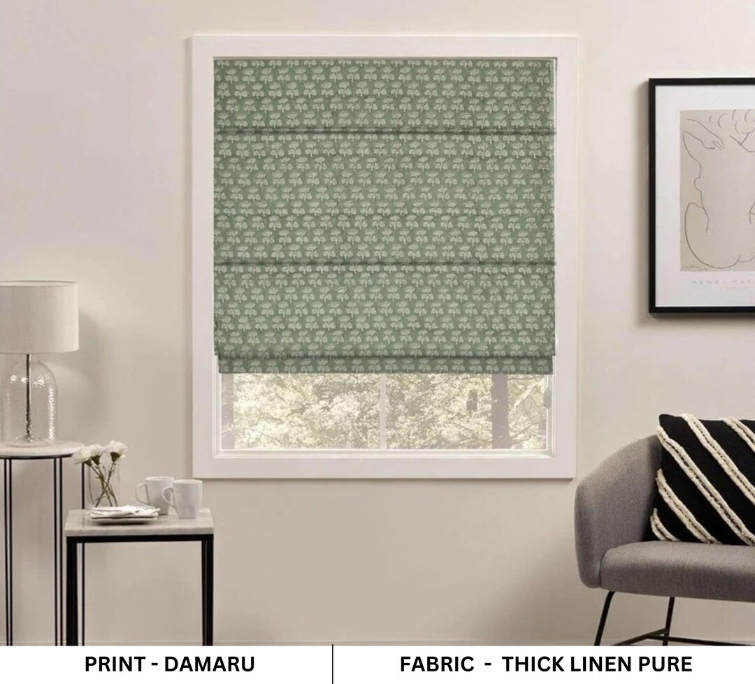 Roman Shade, Window Linen Fabric Valance, Hand Block Print Shade, Floral Bohemian Blackout Roman ...