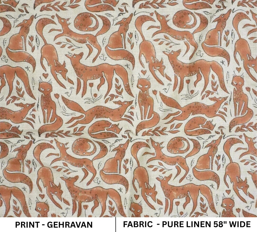 Hand Block Print Linen Fabric, Pure Linen 58"wide, Natural Linen Fabric ...