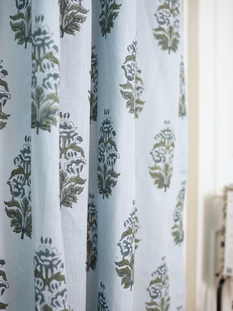Floral Pattern Linen Blackout Curtains, Handcrafted Ring Top Drapes ...