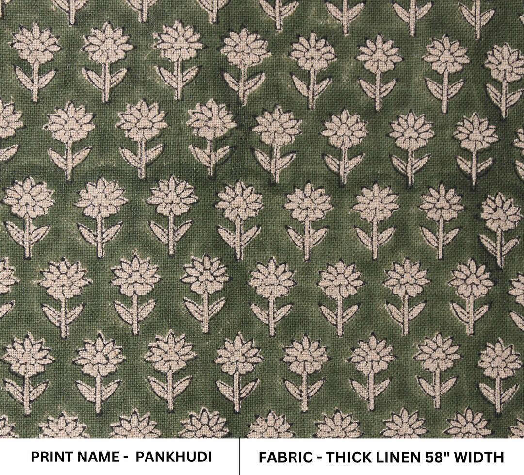 Thick Linen 58" Wide Indian Hand Block Floral Print, Fabric by the Yard ...