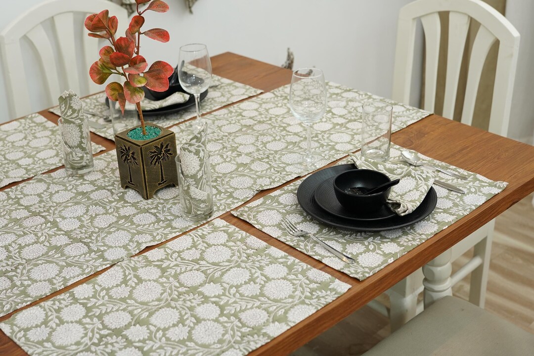 Olive Green Floral Print Placemats, Hand Block Print Cotton Kitchen ...