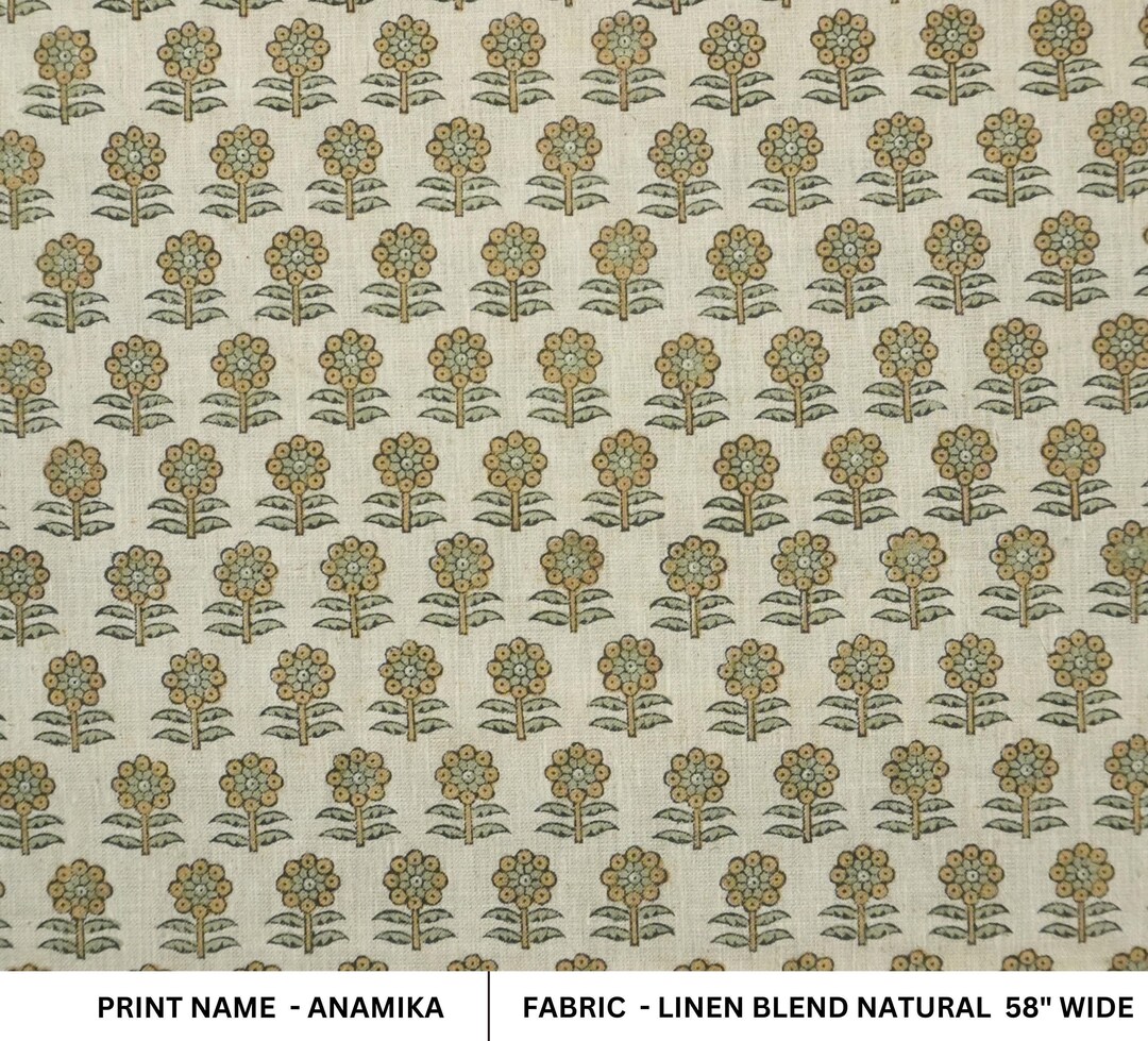 Floral Block Print Linen, Handmade Print, Linen Blend Natural ...