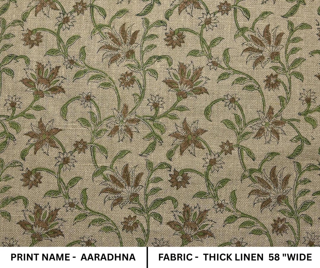 Brown and Green Floral Block Print Linen Fabric, Decorative Cushion ...