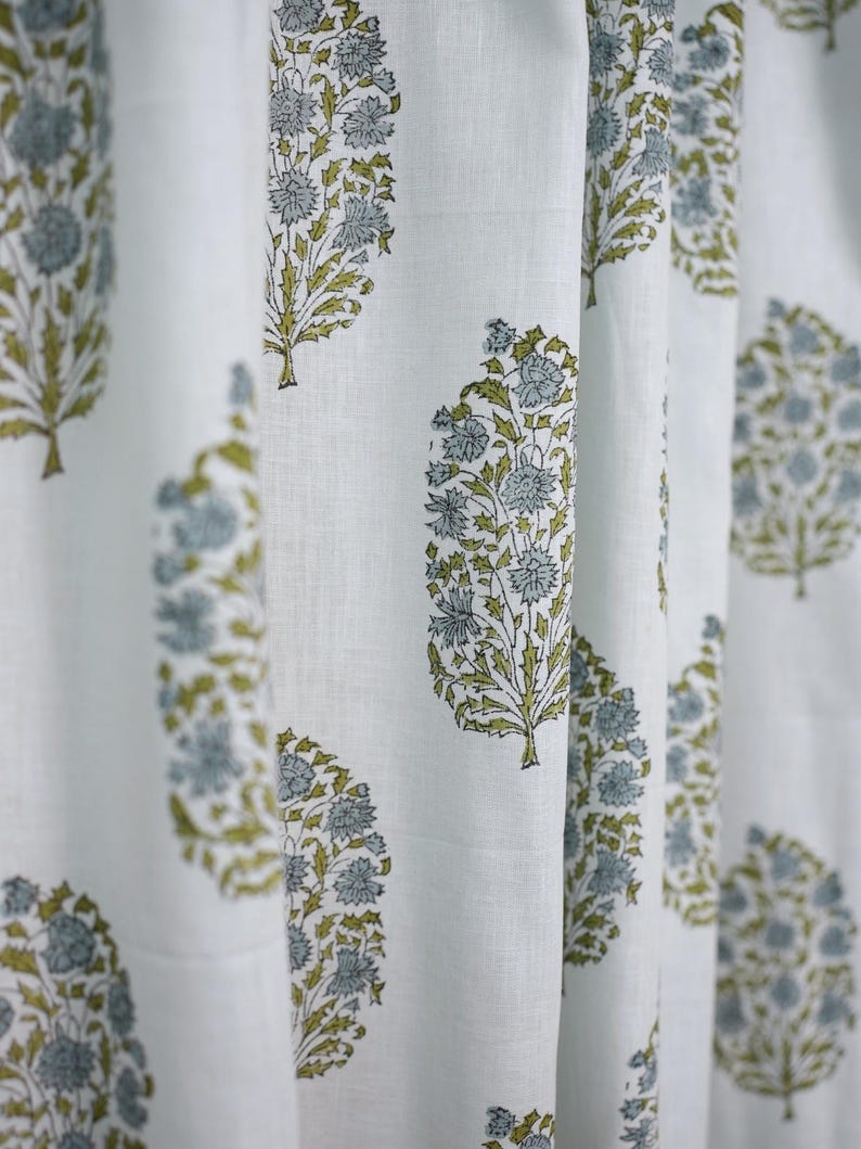 Hand Block Print Linen Drapes | Blackout Ring Curtains for Living Room ...