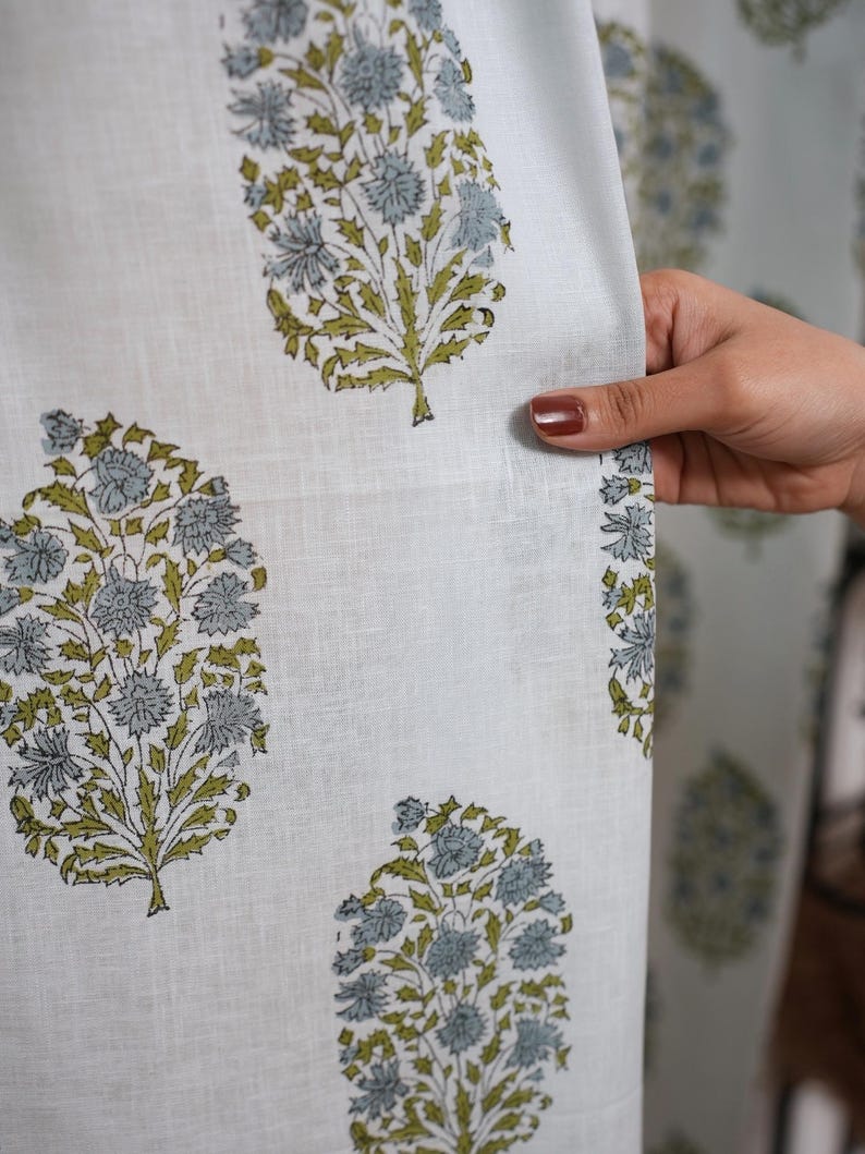 Hand Block Print Linen Drapes | Blackout Ring Curtains for Living Room ...