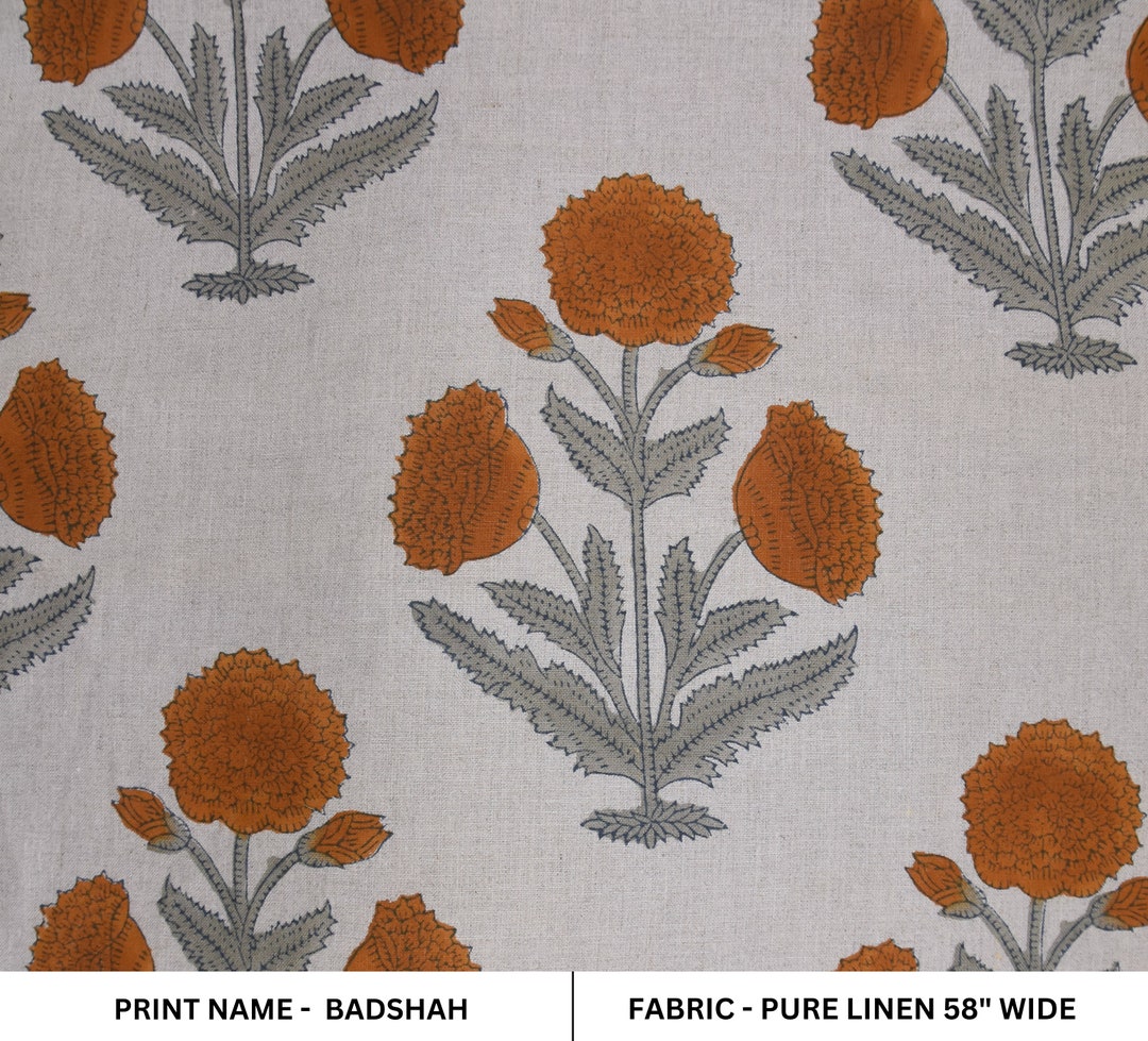 Block Print Pure Linen 58 Wide Fabric, Handmade Pillow Fabric, Heavy ...