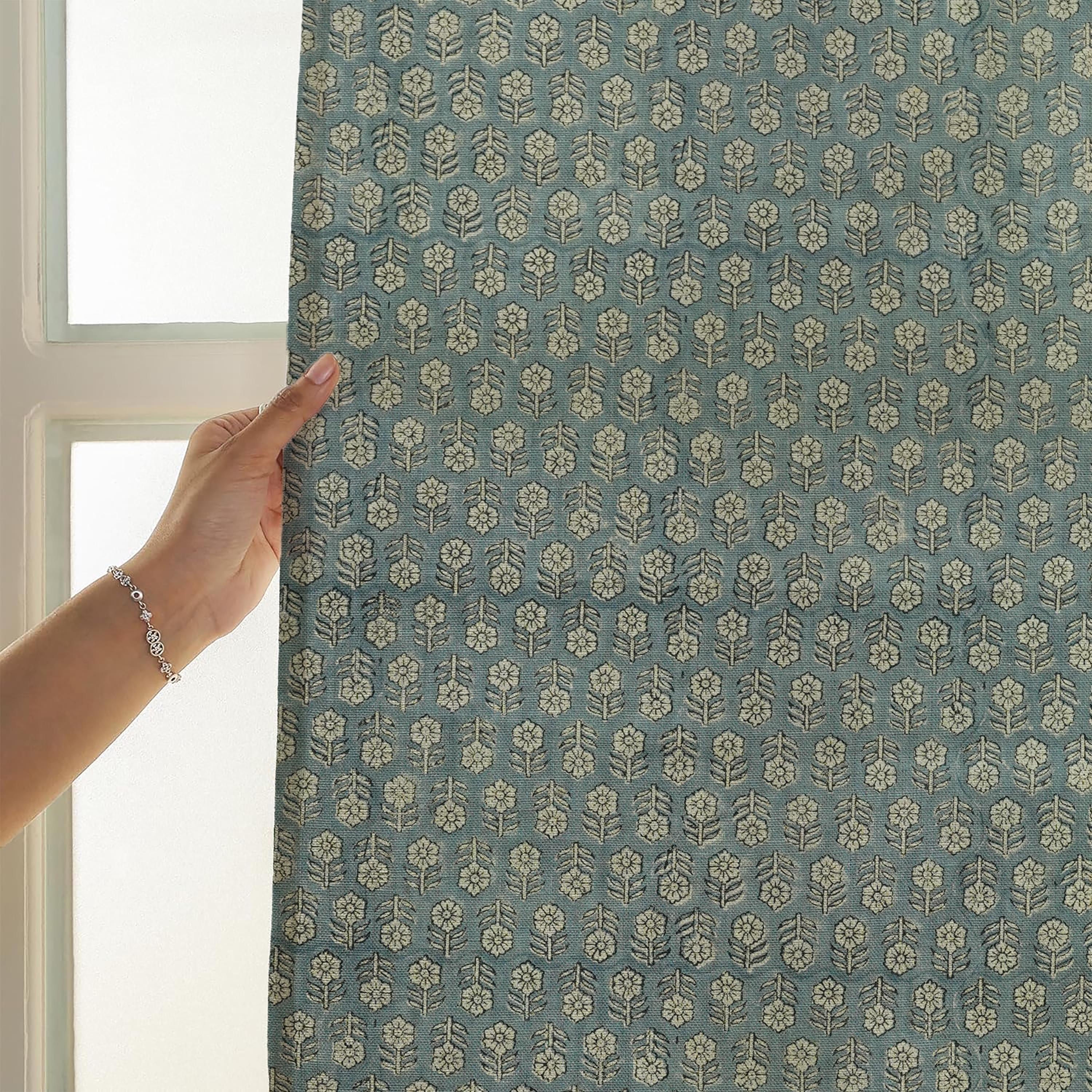 Hand Block Printed Linen Curtain, Floral Fabric for Window Treatment ...