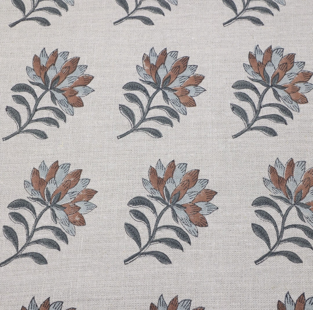 Block Print Linen Fabric, Thick Linen 58 Wide, Handmade Floral Art ...