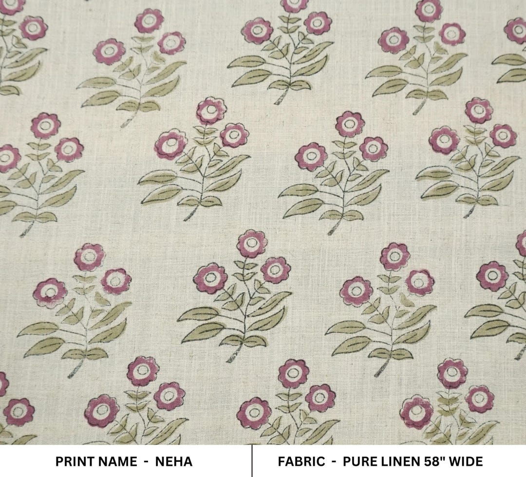 Pure Linen 58" Wide, Block Print Linen Fabric, Floral Handmade Art ...