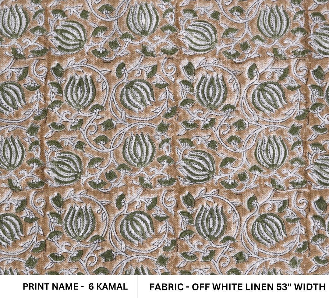 Off White Linen Block Printed Linen Fabric, Flower Print Fabric by the ...