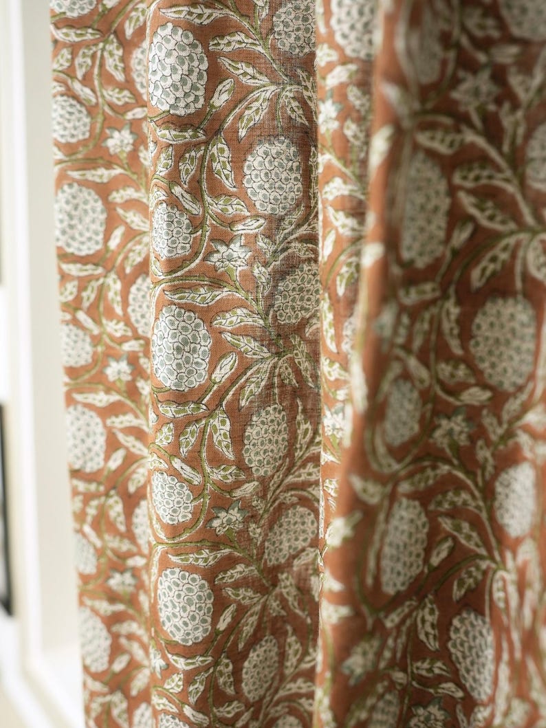 Hand Block Printed Linen Curtain Panel, Boho Window Drapery, Colored ...