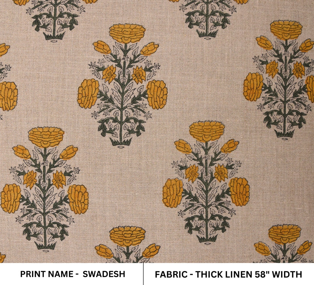 Indian Hand Block, Thick Linen 58 Wide, Hand Made Mustard Floral Print ...